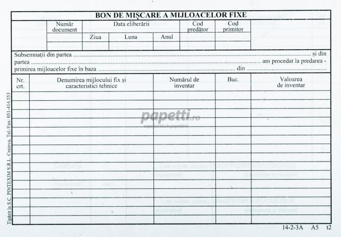 Bon de miscare a mijloacelor fixe A5 | Papetti