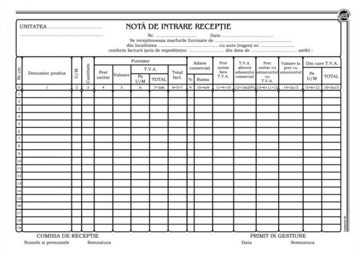 Nota de intrare-receptie cu TVA, 16 coloane, A4 | Papetti