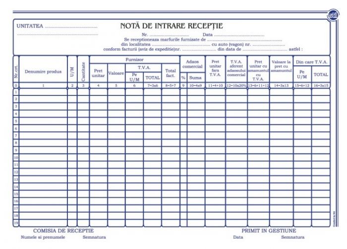 Nota de intrare-receptie cu TVA, autocopiativa, 16 coloane, A4 | Papetti
