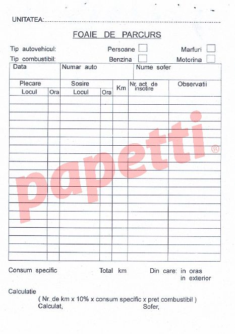 Foaie de parcurs autovehicule simpla A5 | Papetti